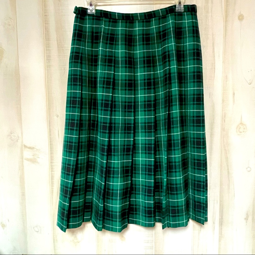 Vintage Pendleton Green Black Plaid Wool Pleated Skir… - Gem